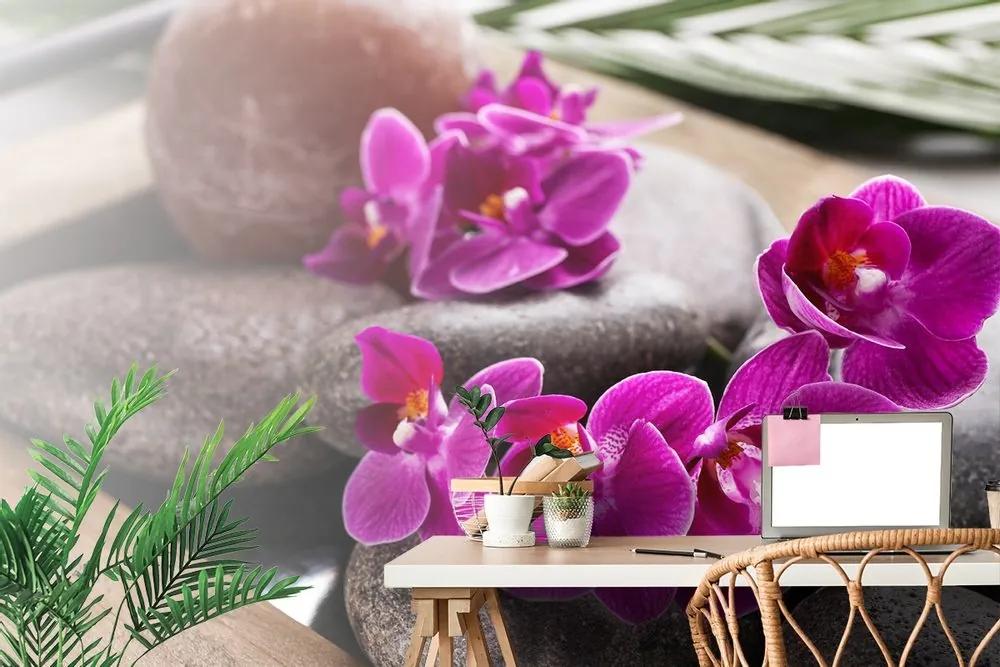 Fototapeta nádherná orchidej a Zen kameny - 375x250 cm