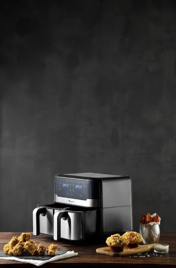 Dvojitá horkovzdušná fritéza MasterPro Rocket Duo 900 / 2400 W / 9 l / 11 programů / stříbrná/černá