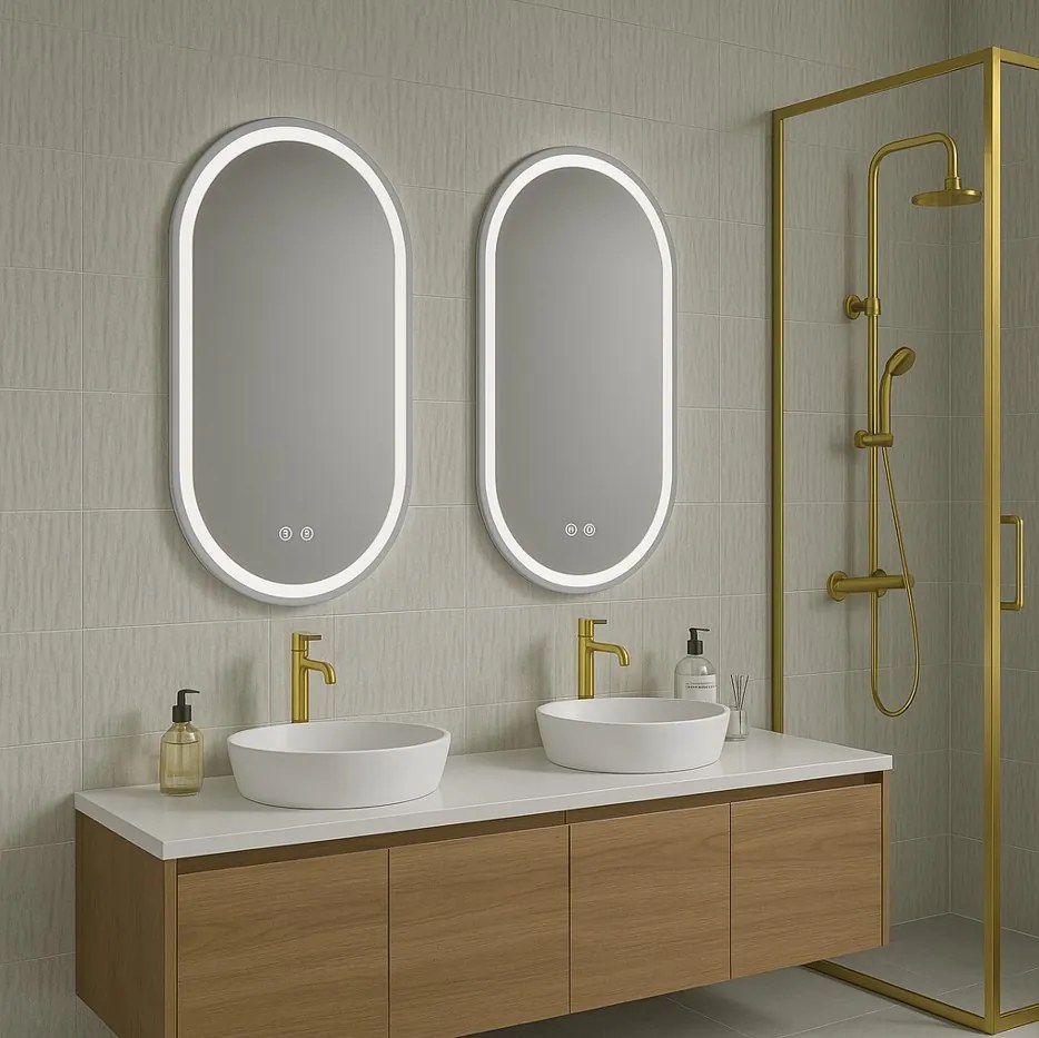 Erga Lyra, oválné LED zrcadlo 50x90cm, 3 barvy světla, přední a zadní osvětlení, vyhřívací podložka proti zapaření, ERG-V01-LYRA-5090-CL