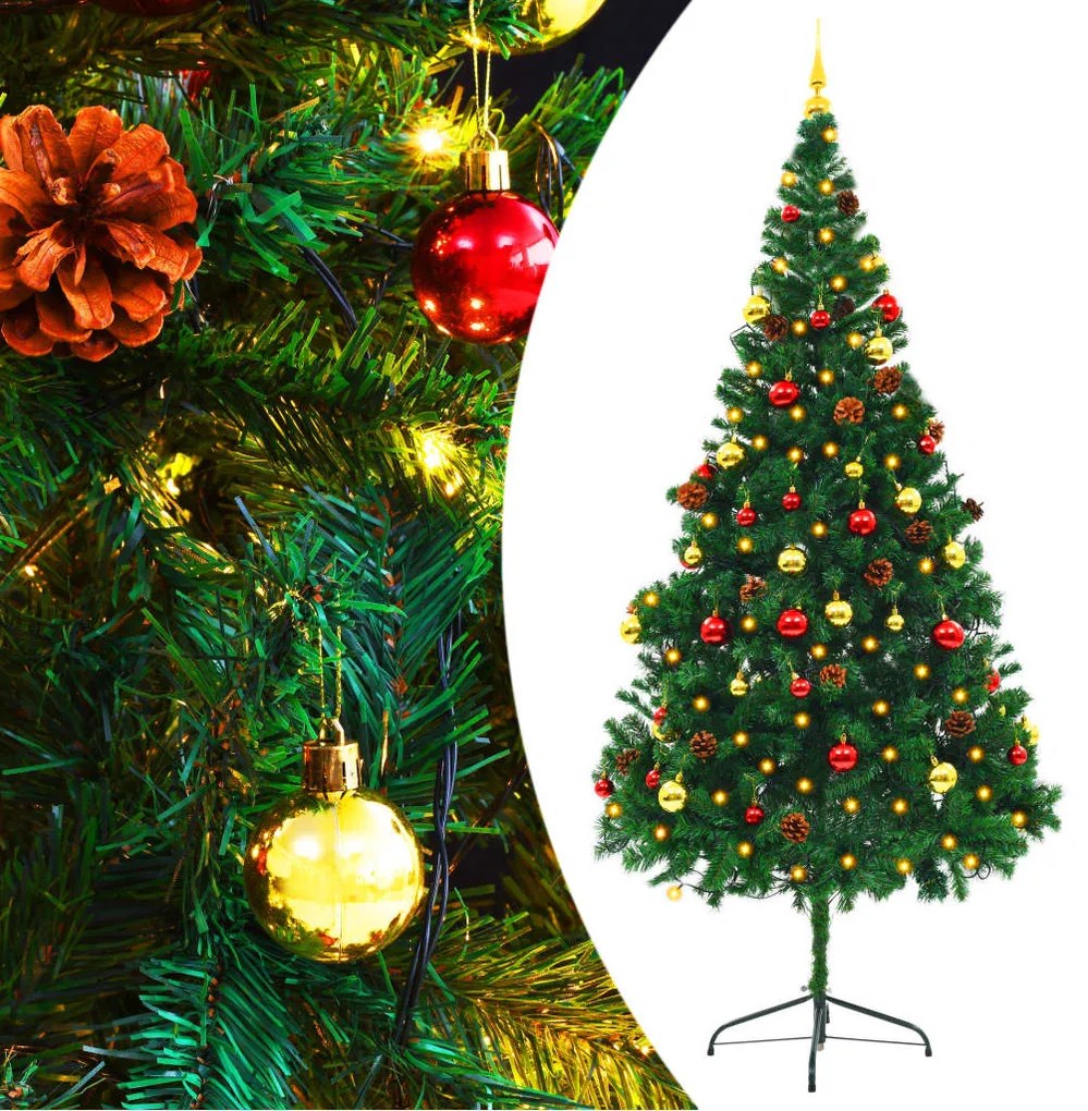 246394 vidaXL Umělý vánoční stromek ozdobený s baňkami a LED 210 cm zelený