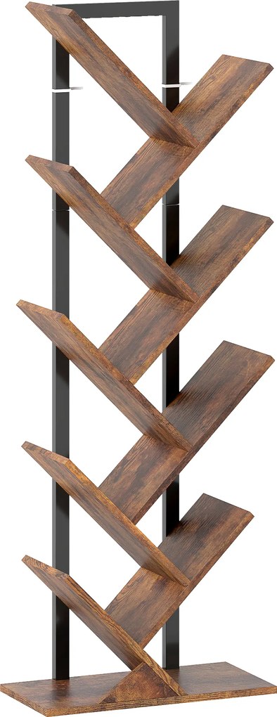 HOMCOM 9patrová stromová knihovna, průmyslový úložný nábytek s ocelovým rámem, 50x24x136 cm, rustikální hnědá