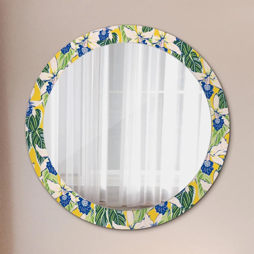 Kulaté zrcadlo tištěný rám Modré a žluté orchideje fi 80 cm