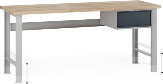 Výškově nastavitelný dílenský stůl G7, buková spárovka, 2000 x 800 x 840-1040 mm, 1x kontejner, 1 zásuvka, grafit