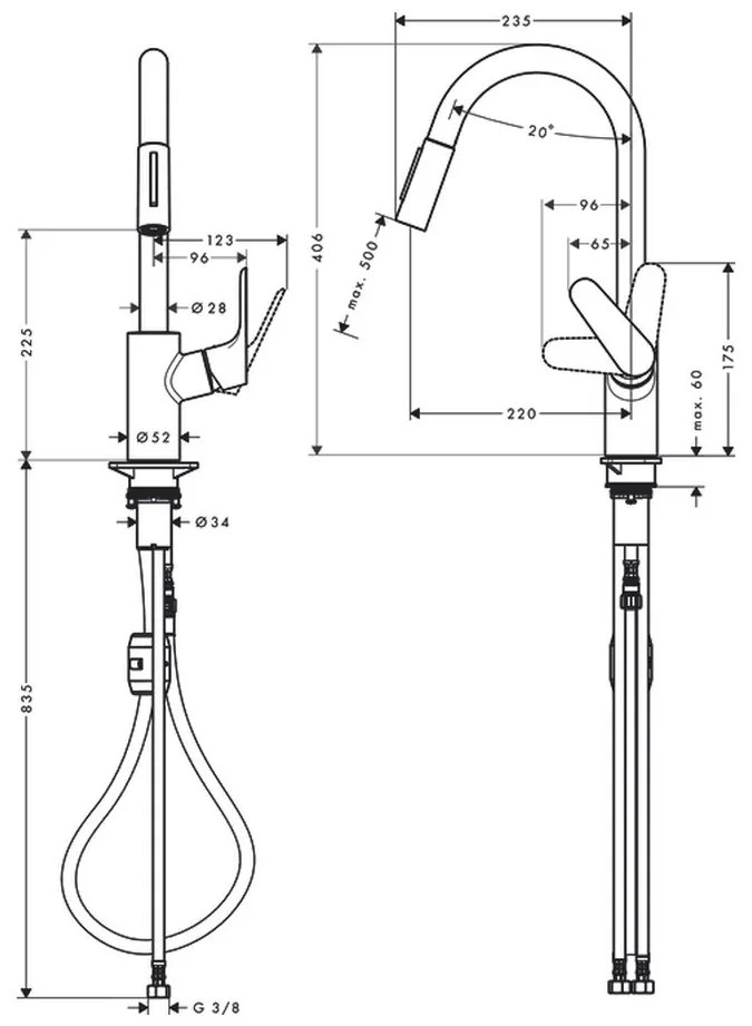 Hansgrohe Focus M41 - Páková kuchyňská baterie 240, Eco, vytahovatelná sprška, 2jet, chrom 31833000