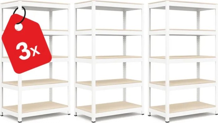 Akce 3x Regál 183x90x30 cm lakovaný 5-policový, nosnost 100 kg, RIVET - bílý