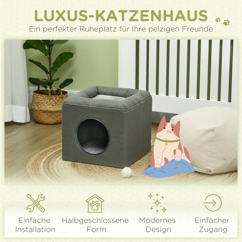 PawHut kočičí jeskyně dvoupatrový domeček pro kočky 36,5x36,5x33cm s polštářem pro kočky do 5kg v zelené barvě, domeček pro malá zvířata