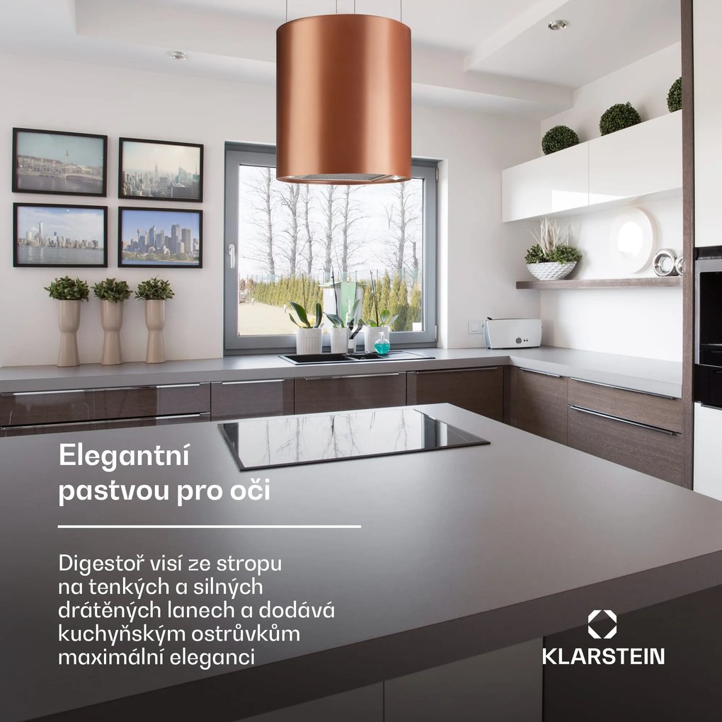 Klarstein Ostrovní digestoř Barett Ø 35 cm, recirkulační provoz, 522 m³/h, LED osvětlení, filtr s aktivním uhlím