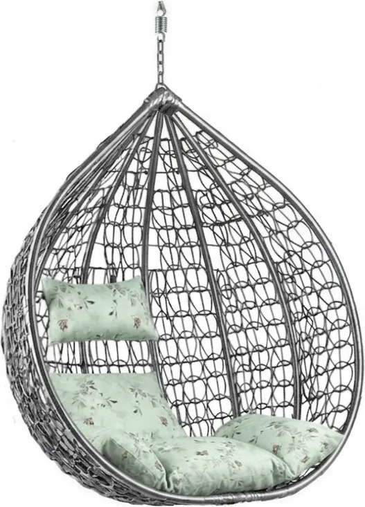 Šedé závěsné křeslo KOKON bez stojanu, světle zelený polštář se vzorem