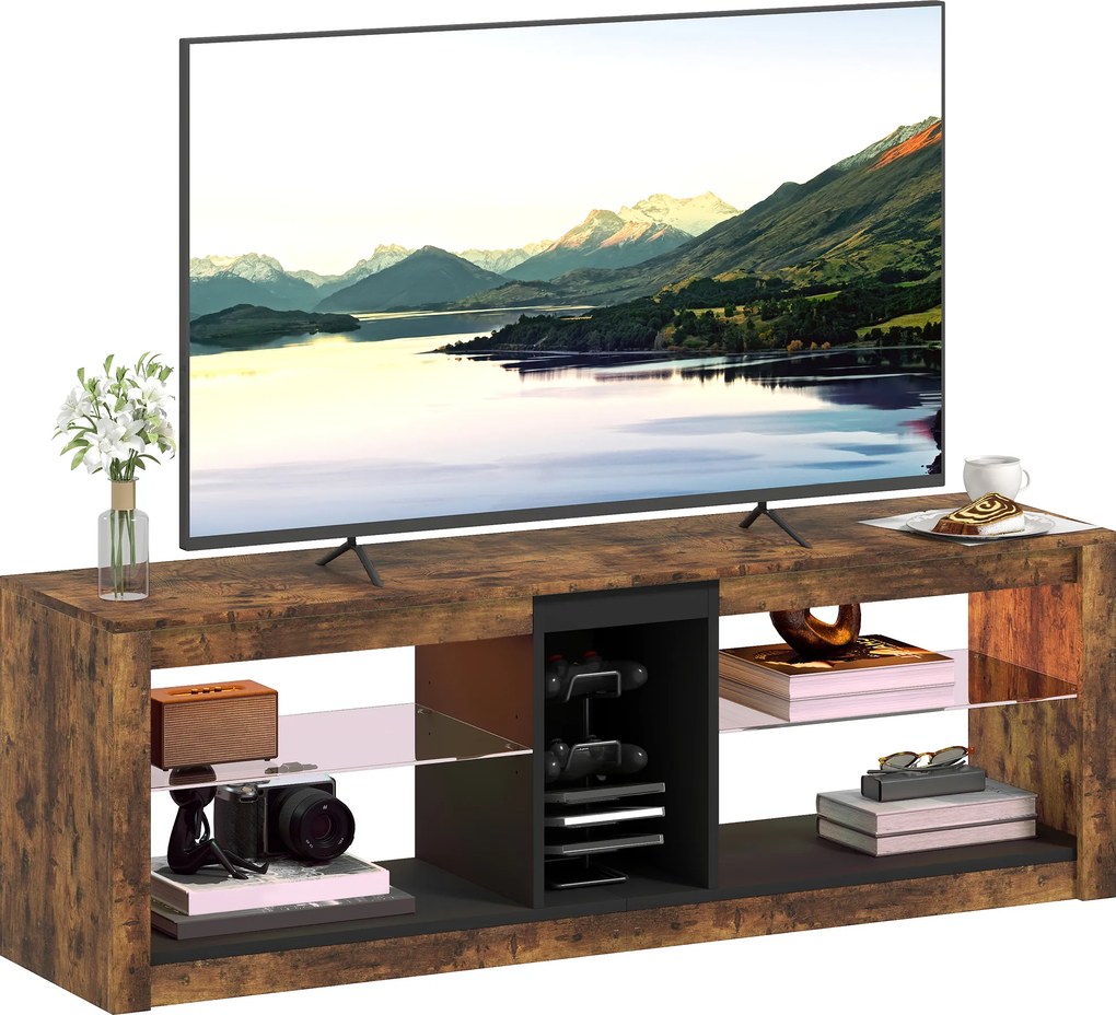 HOMCOM TV nábytek s LED světly a dálkovým ovládáním, otevřené police a přihrádky, 140x35x47 cm, hnědý