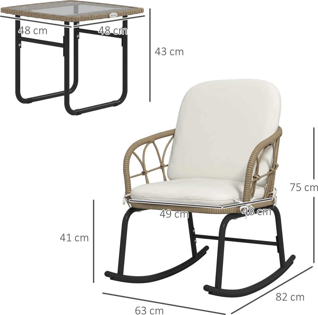 Outsunny 3dílná sada ratanových houpacích křesel se 2 houpacími křesly a 1 konferenčním stolkem, sada zahradního nábytku s polštáři na terasu a balkon