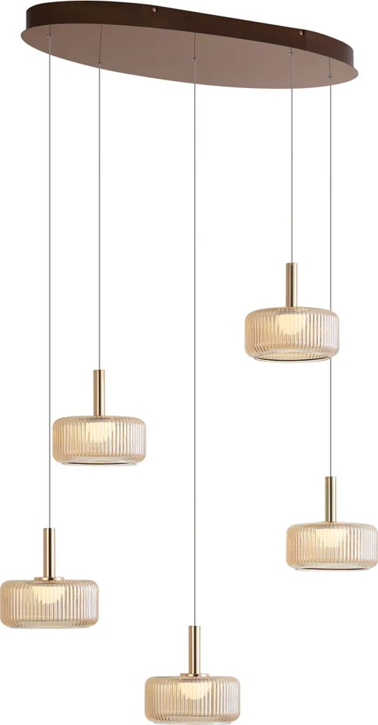 Designové závěsné svítidlo růžové zlato s jantarovým sklem vč. LED, 3-stupňově stmívatelné, 5-světelné Easylift - Fiera