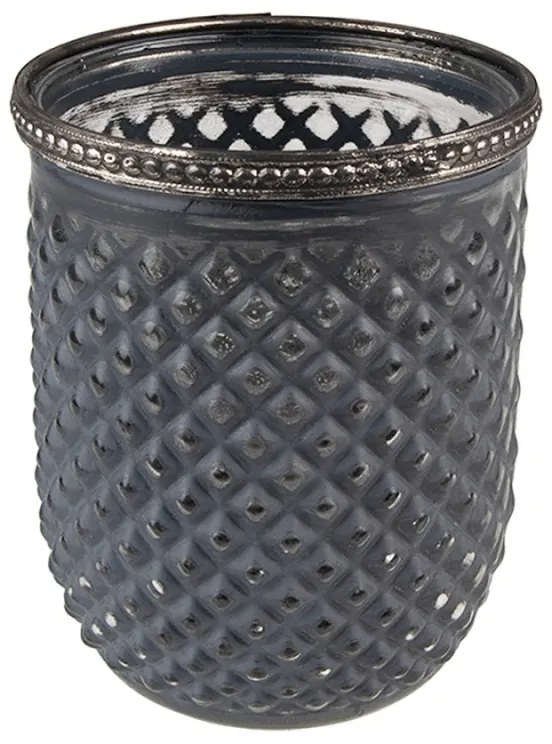 Šedý skleněný svícen na čajovou svíčku se zdobným lemem – 9x11 cm