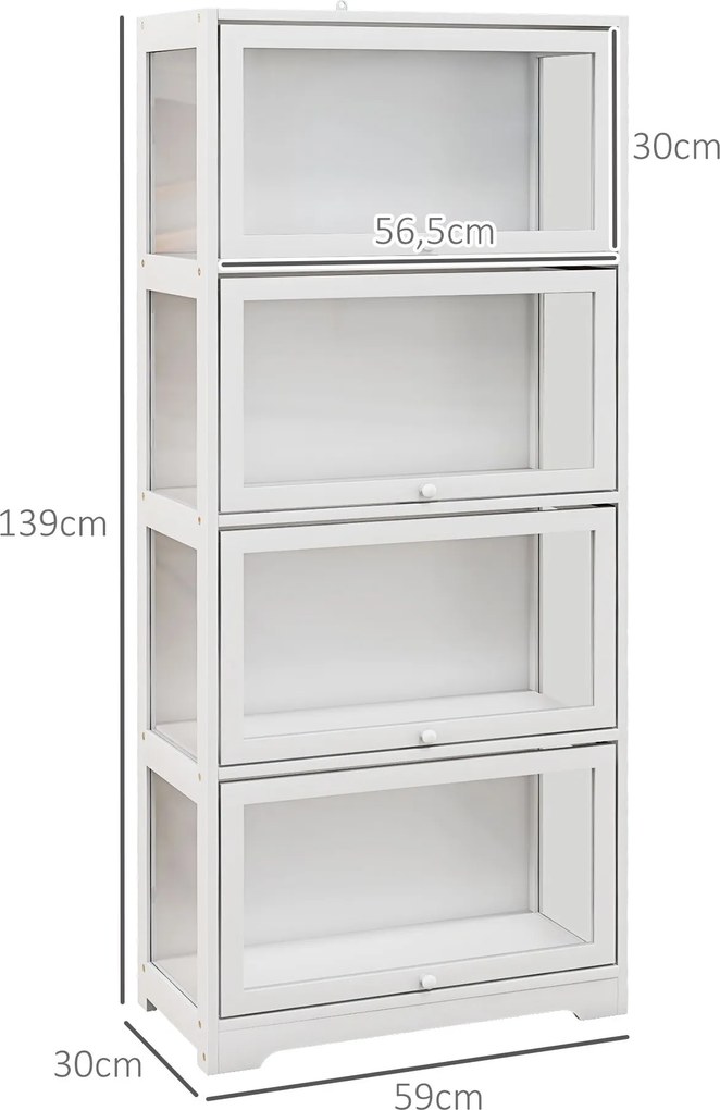 HOMCOM 4-patrový vitrínový kabinet s skládacími akrylovými dveřmi, protiskluzovým vitrinou pro studovnu, ložnici a kancelář 59x30x139 cm Bílá