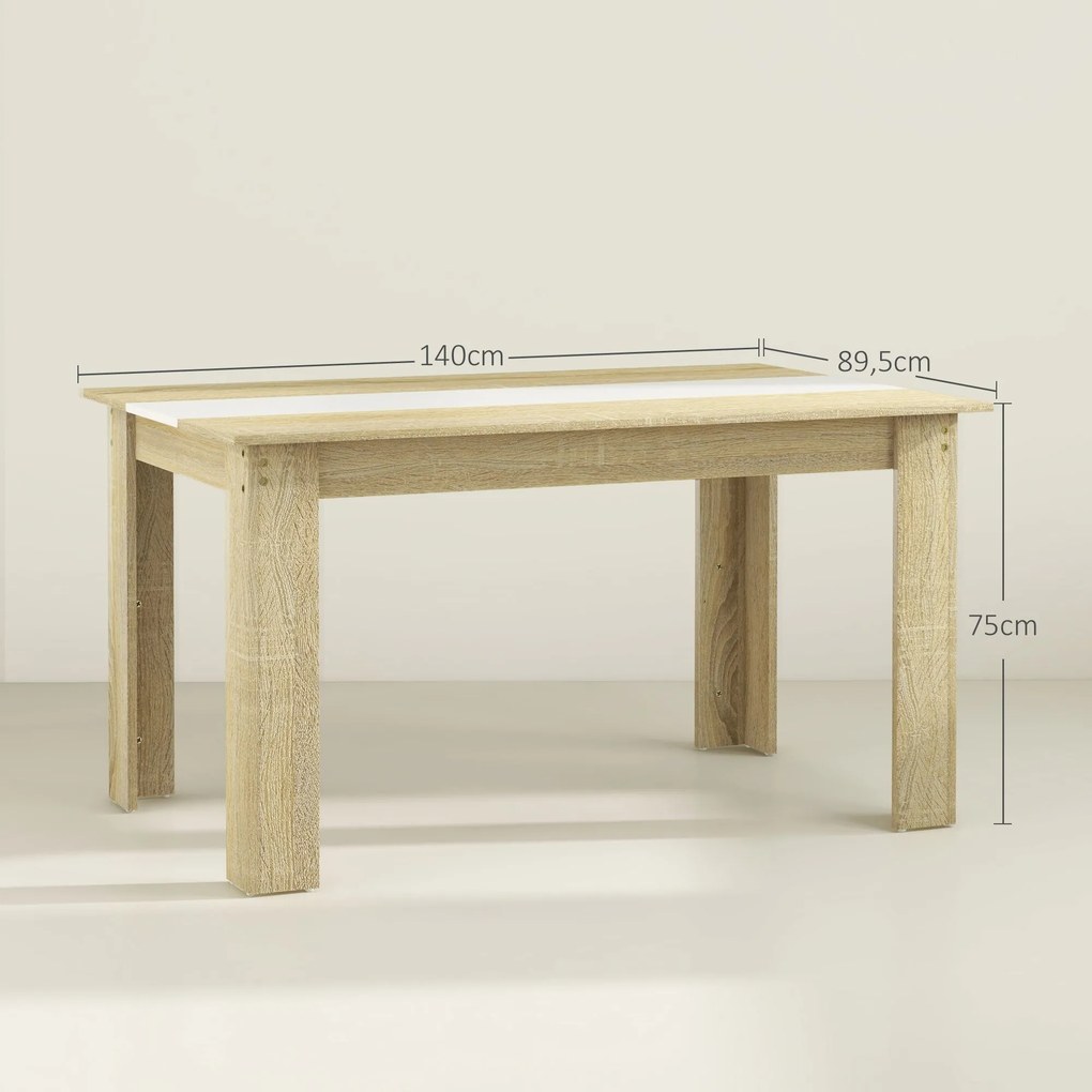 HOMCOM Moderní jídelní stůl obdélníkový pro 4-6 osob, nosnost 100 kg, pro obývací pokoj 140x89,5x75 cm bílý a dubový