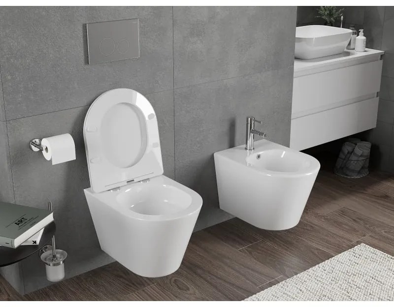 Mexen Rico, závěsná WC mísa 490x360x370 mm, Rimless Tornádo + WC sedátko z duroplastu, bílá lesklá, 30720300T