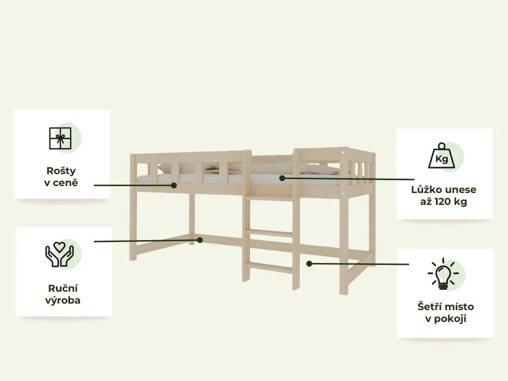 Benlemi Nízká vyvýšená postel PLOTTY s žebříkem 90x200 cm Zvolte barvu: Pastelově růžová, Zvolte stranu: Vlevo