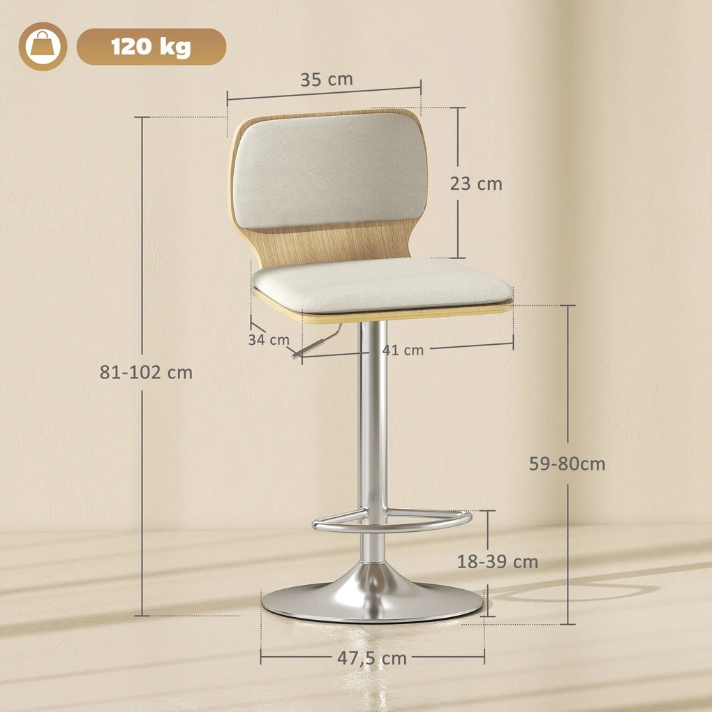 HOMCOM sada 2 otočných barových stoliček 360°, výškově nastavitelné 81–102 cm, potah v lněném vzhledu, béžové