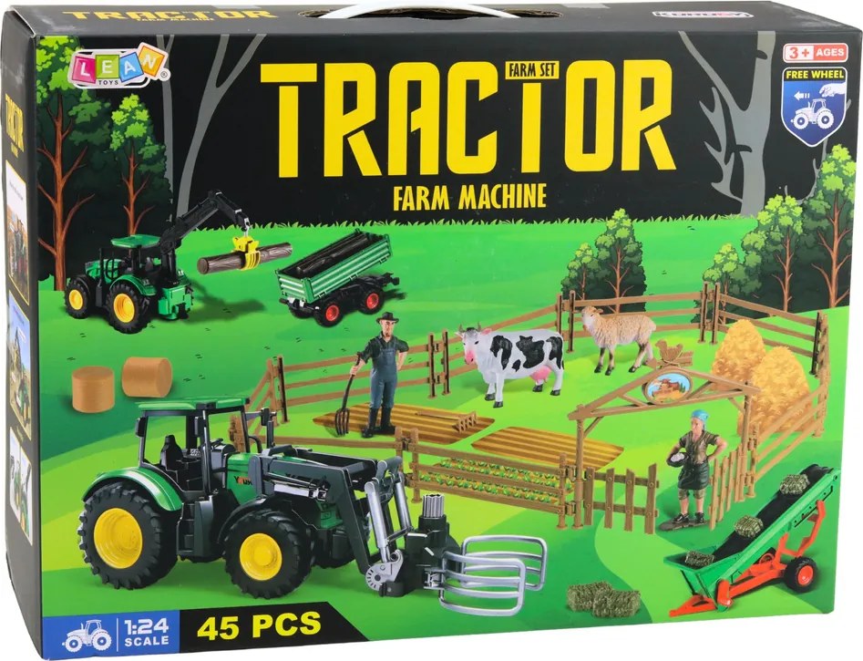 LEAN Toys Zemědělská sada: Traktor s přívěsem, zvířata, farmáři, farma, 45 dílů
