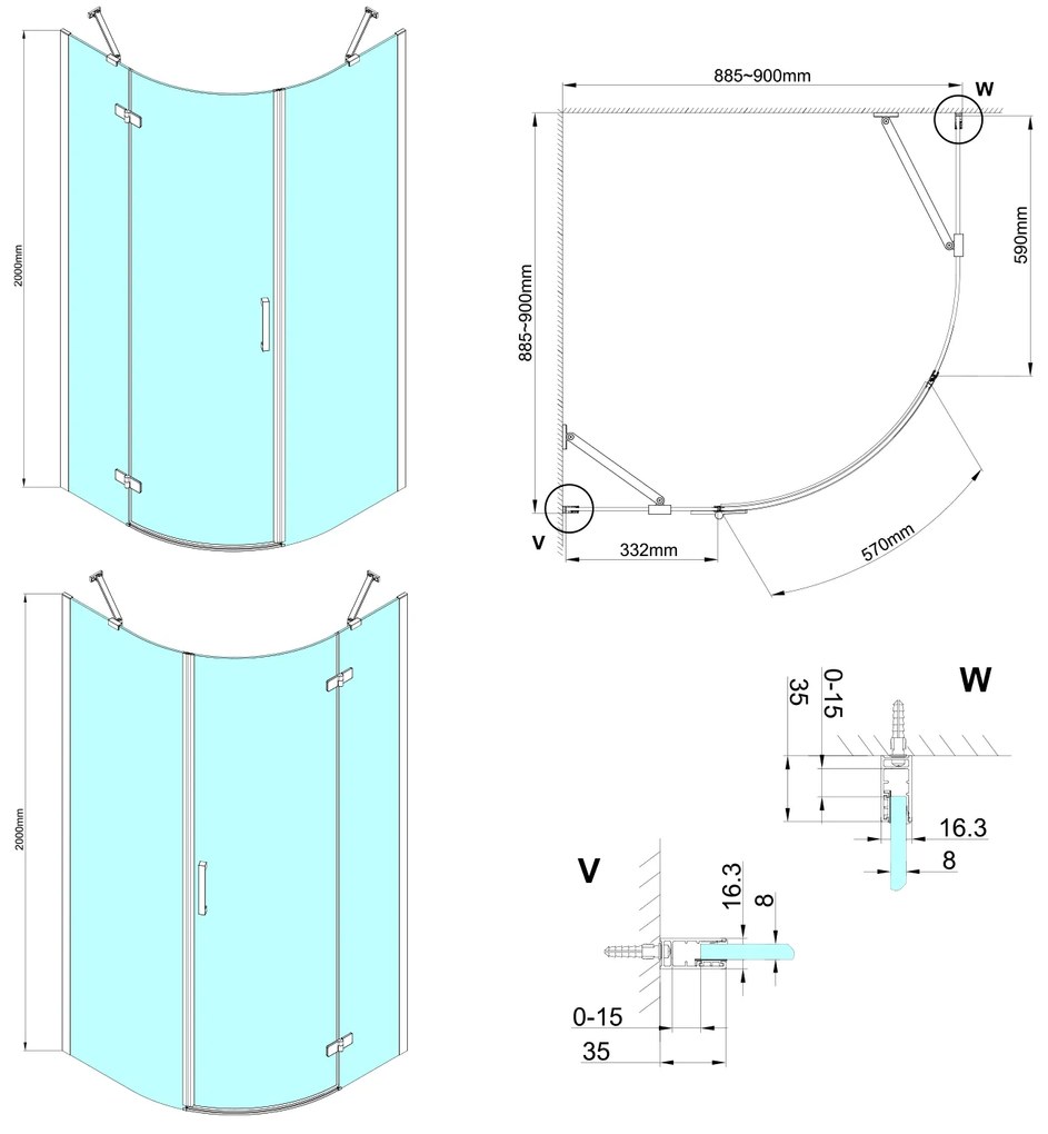 Gelco Trinity Black čtvrtkruhový sprchový kout 90 x 90 x 200 cm otevírací levá černá sklo čiré GT6590CL-B