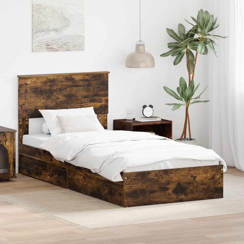 Postel s úložným prostorem se zásuvkou Kouřový dub 90 x 200 cm 3410837