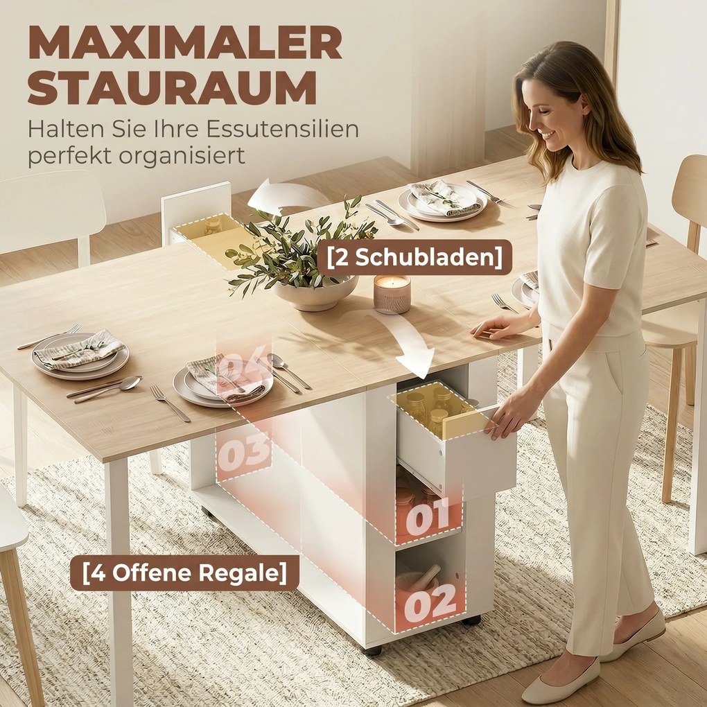 HOMCOM rozkládací jídelní stůl pro 6 osob, skládací kuchyňský stůl s výsuvnými deskami, zásuvkami a policemi, 168,2 x 85 x 73 cm, bílý