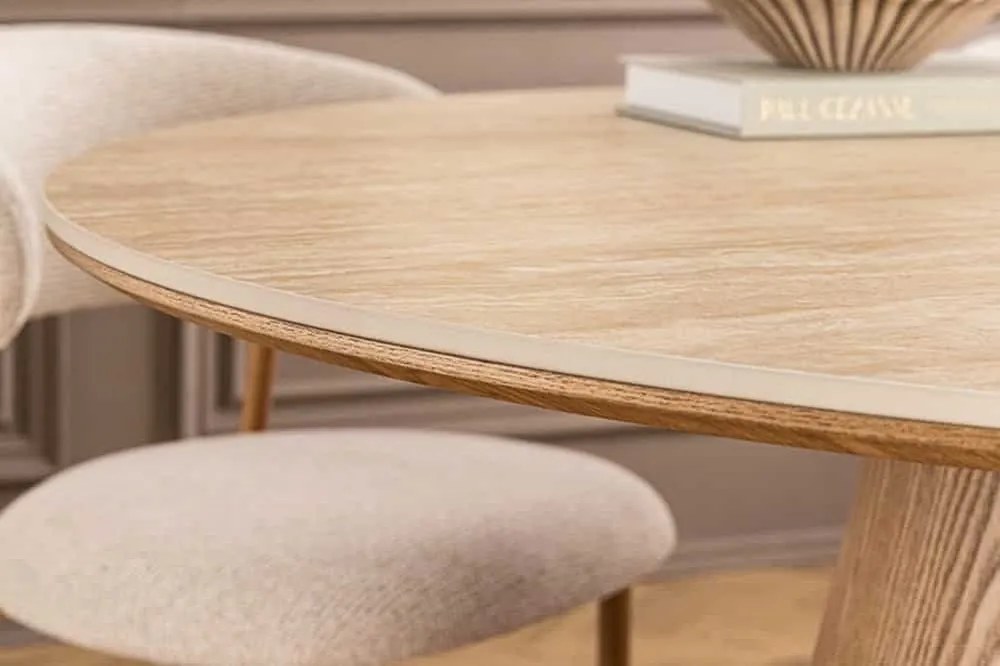 Kulatý keramický jídelní stůl Parthenia 120 cm travertin / dub