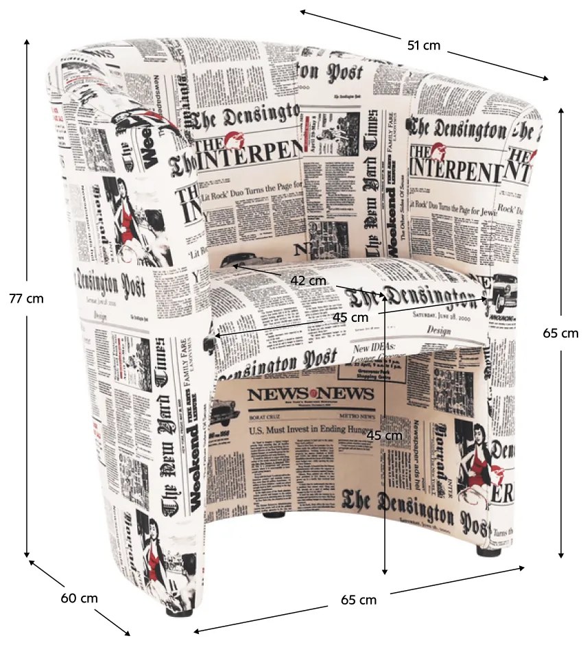 Klubové křeslo TRION - látka, vzor novin