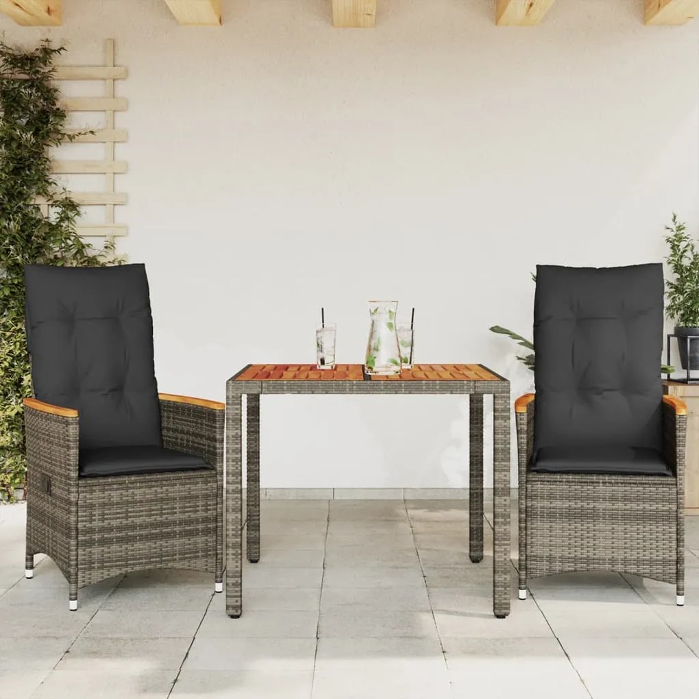 3dílný bistro set s poduškami šedý polyratan 3276843