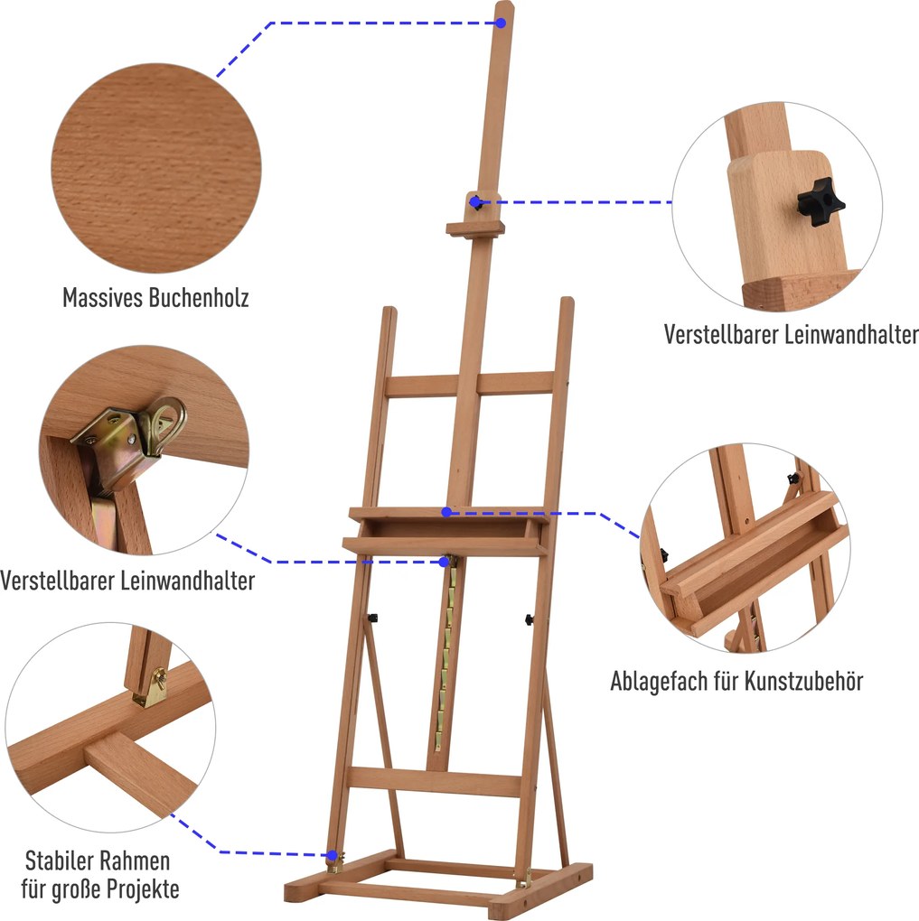 Studiový stojan Vinsetto z bukového dřeva, výškově a úhlově nastavitelný, s odkládací přihrádkou, přírodní, 53x50,5x171-230cm| Aosom