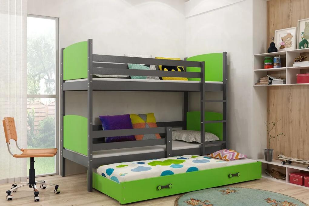 ImportWorld Dětská patrová postel Evžen - 3 osoby, 90x200 s výsuvnou přistýlkou – Grafitová, Zelená