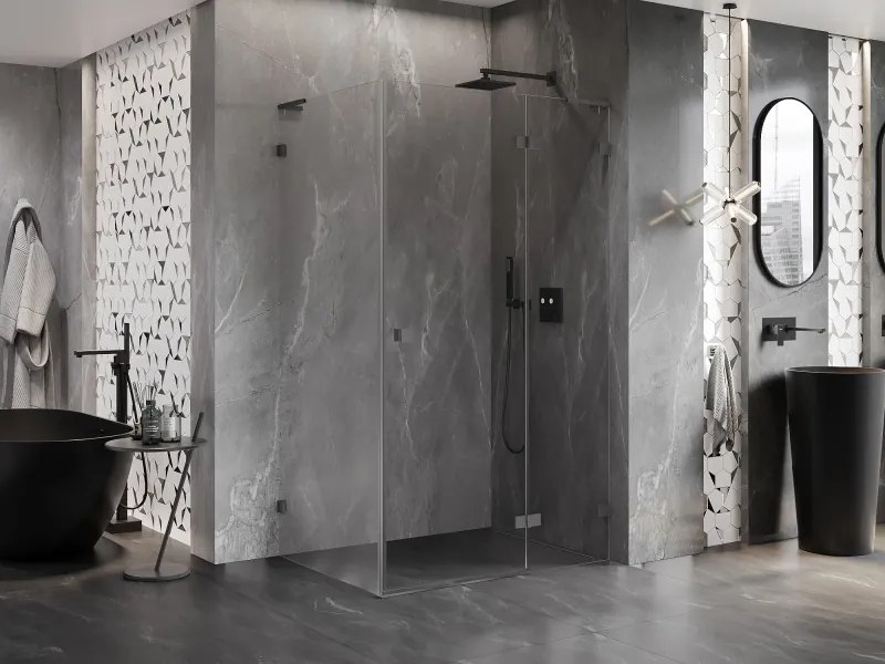 Mexen Lunar L, výklopný sprchový kout pravý 70 x 90 cm, 8mm čiré sklo, grafitový profil, 834L-070-090-95-00-P