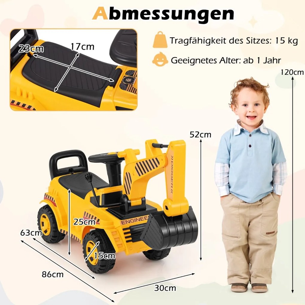 Costway Dětský bagr s nastavitelnou lopatou a úložným prostorem pod sedadlem.