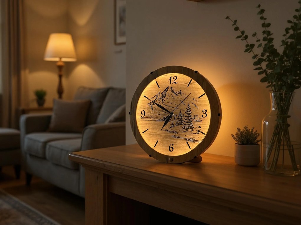 Li-Go "Hory" světelné hodiny 230V/12V/dub velikost svítidla/hodin: 50 cm