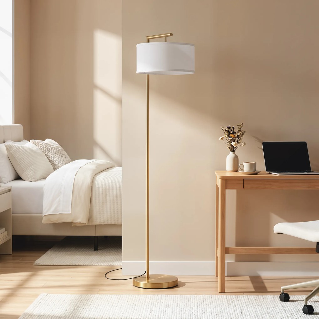 HOMCOM Stojací lampa s paticí E27 Stojací lampa do obývacího pokoje ložnice kancelář, kov ocel plátno zlatá bílá 47x37x153 cm | Aosom.de