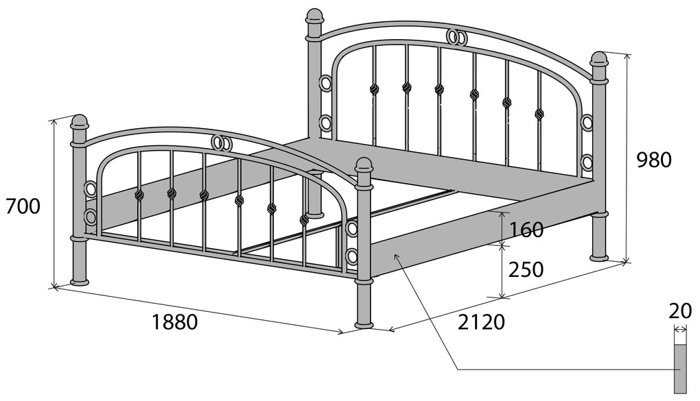 Nábytek ATIKA s.r.o. Kovová postel ELIZABET Povrchová úprava: stříbrná RAL 9006, Rozměr: 200 x 200 cm