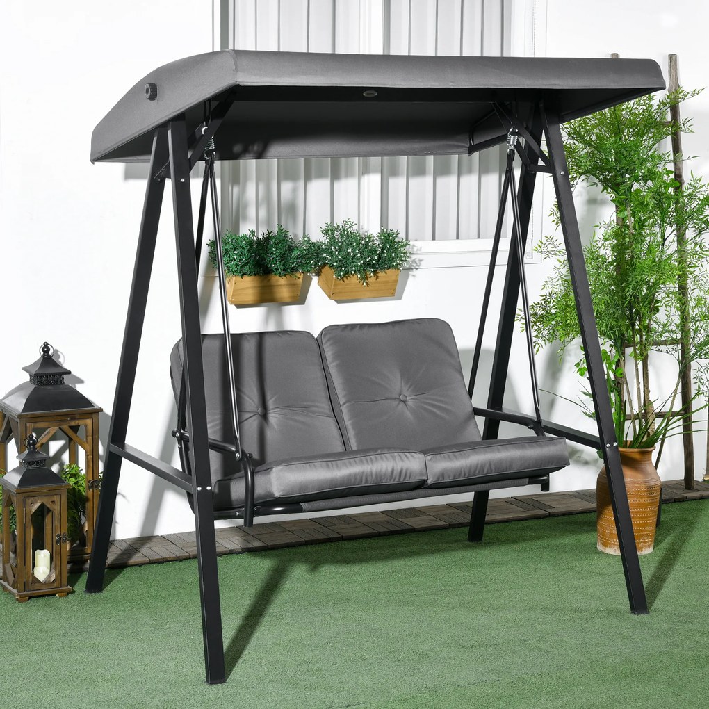 Outsunny Hollywood swing 2místná zahradní houpačka s nastavitelnou střechou, polštáře, houpací lavice s nosností až 220 kg, pro zahradu, balkon, tmav…