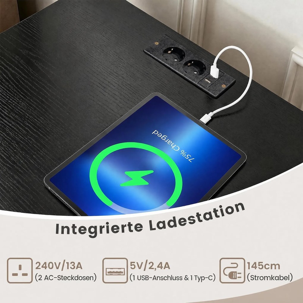 Costway Stolek na gramofon s nabíjecí stanicí a přihrádkami, černý