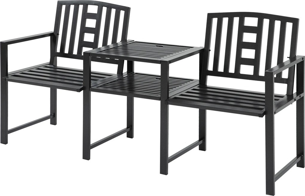 Outsunny Moderní zahradní lavice pro 2 osoby s stolem a otvorem na slunečník, venkovní nábytek 165x56x85,5cm Černá | Aosom