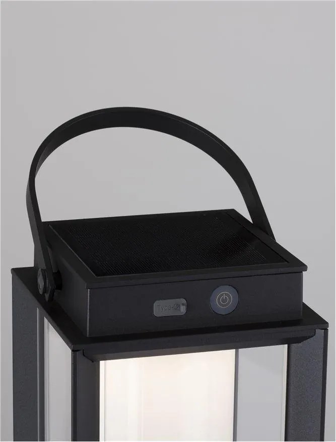 NV 9002862 Venkovní stolní lampa VERHAAL černý hliník a čiré sklo LED 2W 3000K 3,7V 360st. IP54 solární / USB kabel / vypínač na těle - NOVA LUCE