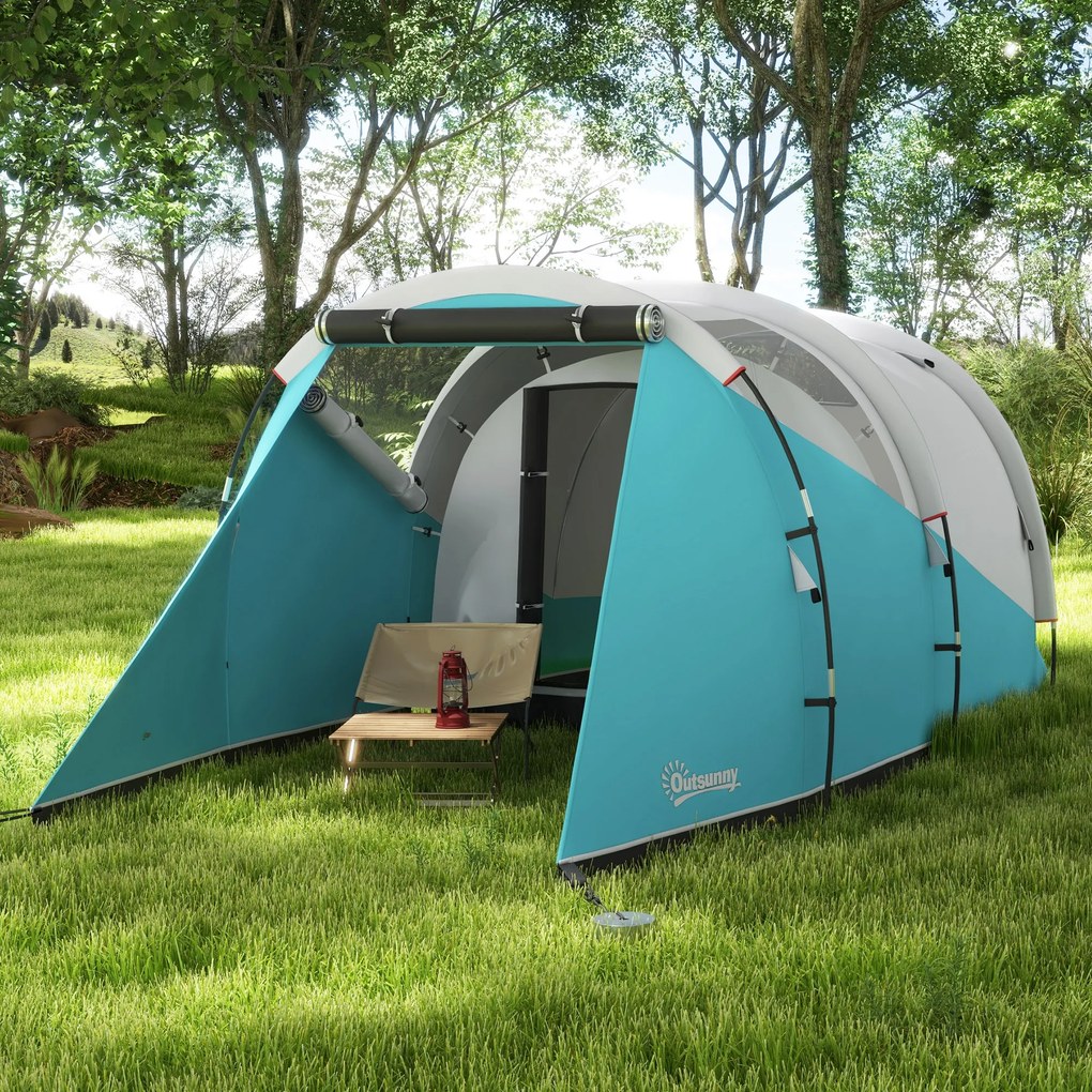Tunelový stan Outsunny pro 5 osob, 180V x 460L x 230W cm, odolný proti UV záření, s kolíky, nosnými lany, taška, vodoodpudivý, modrý | Aosom