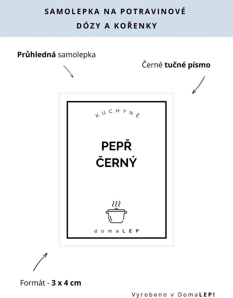 Samolepka na kořenky PEPŘ ČERNÝ průhledná 3 × 4 cm tučné písmo