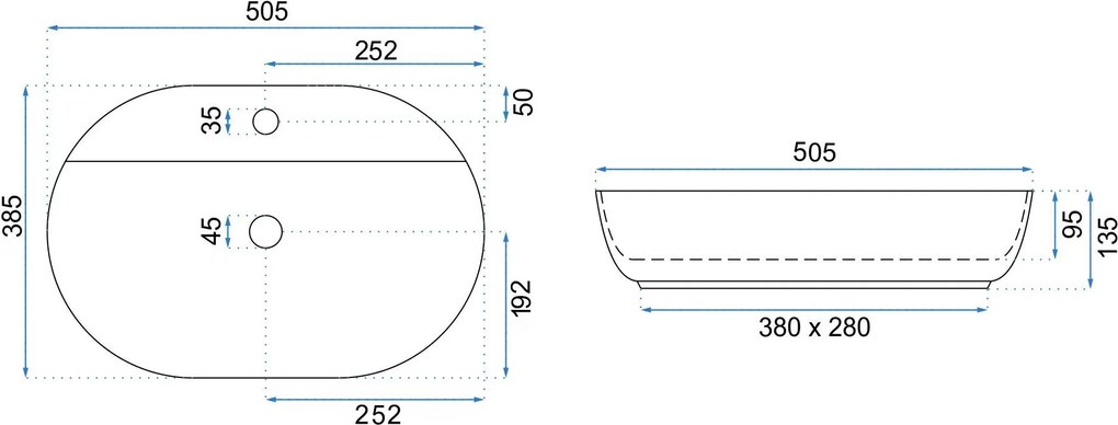 Rea Aura 51, umyvadlo na desku 505x385x135 mm, bílá matná, REA-U7340
