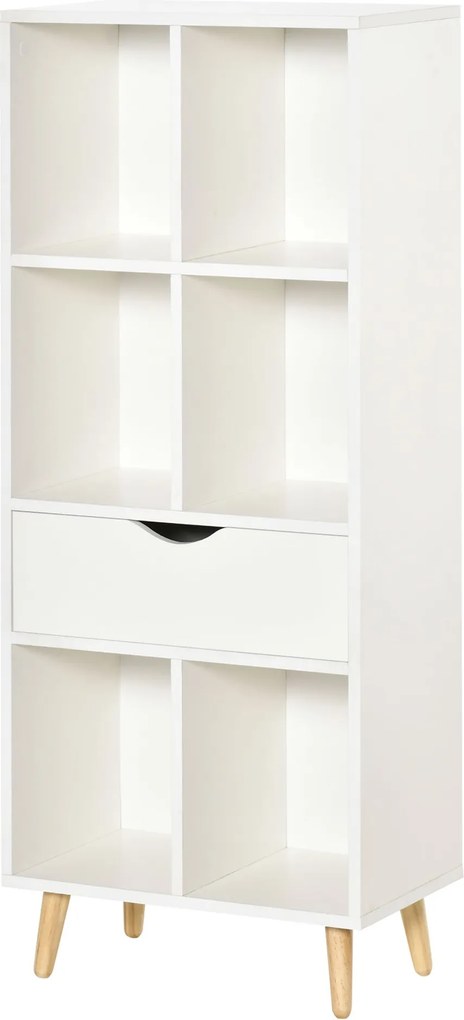 HOMCOM Knihovna s 1 Zásuvkou a Dřevěnými Nohami, 6 Otevřených Úložných Kompartmentů pro Knihy, Rostliny a Dokumenty, 50x29,5x120 cm Bílá | Aosom