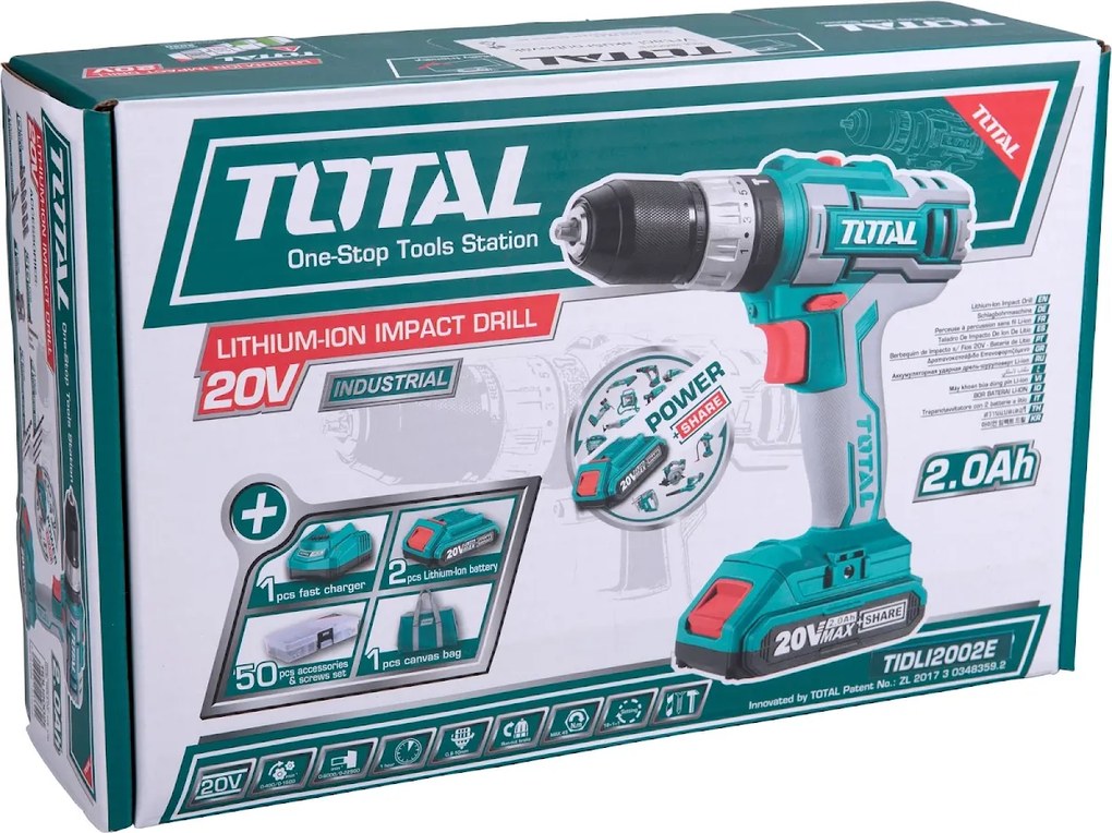 Vrtací šroubovák aku s příklepem, 20 V Li - ion (2x), 2000 mAh, v tašce, sada 50 ks TOTAL TIDLI2002E
