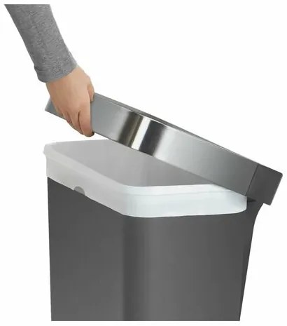 Pedálový odpadkový koš Simplehuman – 45 l, kapsa na sáčky, obdélníkový, šedý plast / nerez