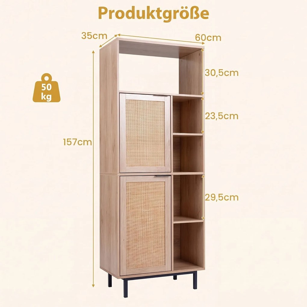 Costway Vysoká kuchyňská skříňka s ratanovými dvířky, přírodní