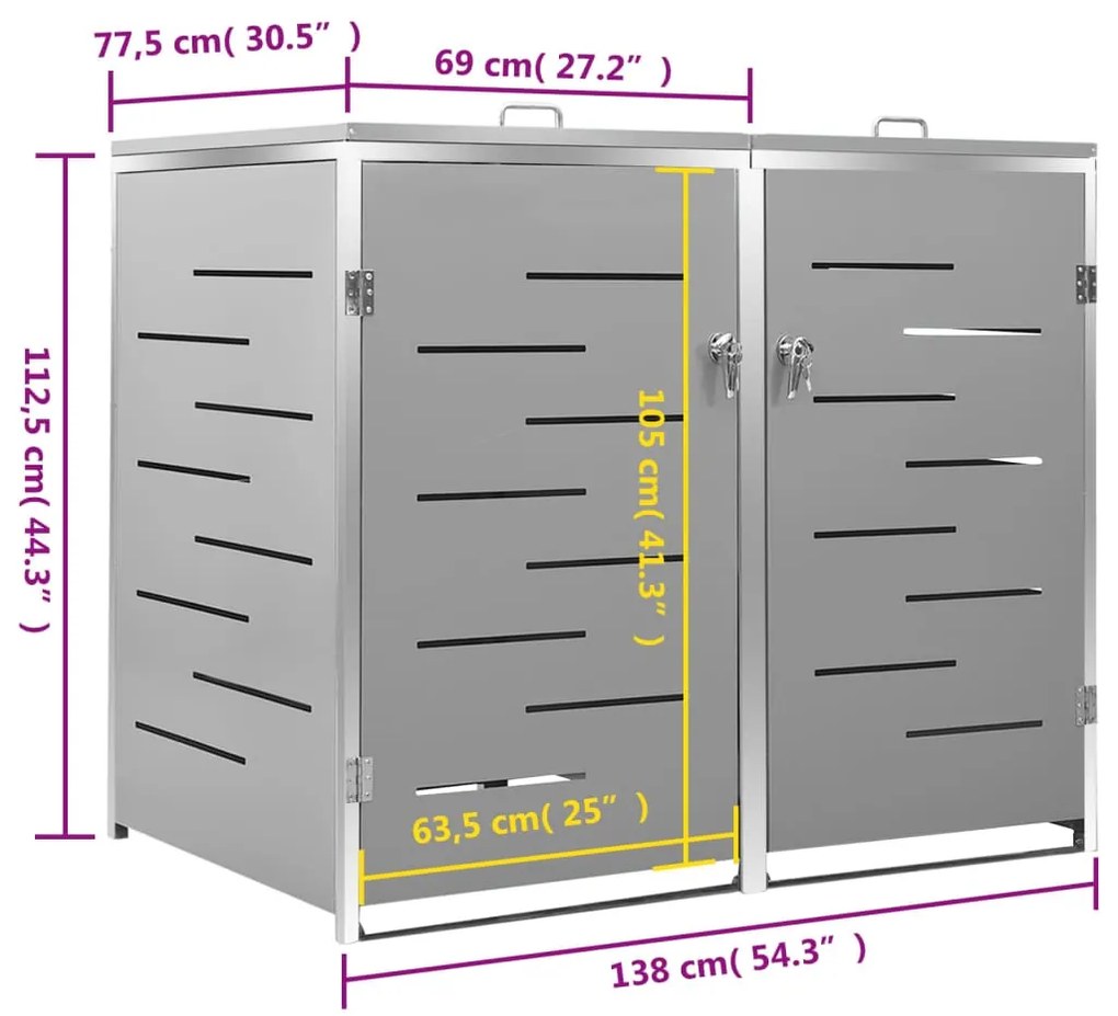 vidaXL Marketos Přístřešek na dvě popelnice 138 x 77,5 x 112,5 cm nerezová ocel