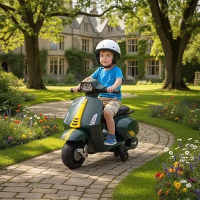 AIYAPLAY Dětská elektrická motorka s licencí Vespa, dobíjecí baterie 6V, pomocná kolečka a světlo, 2–6 let, tmavě zelená