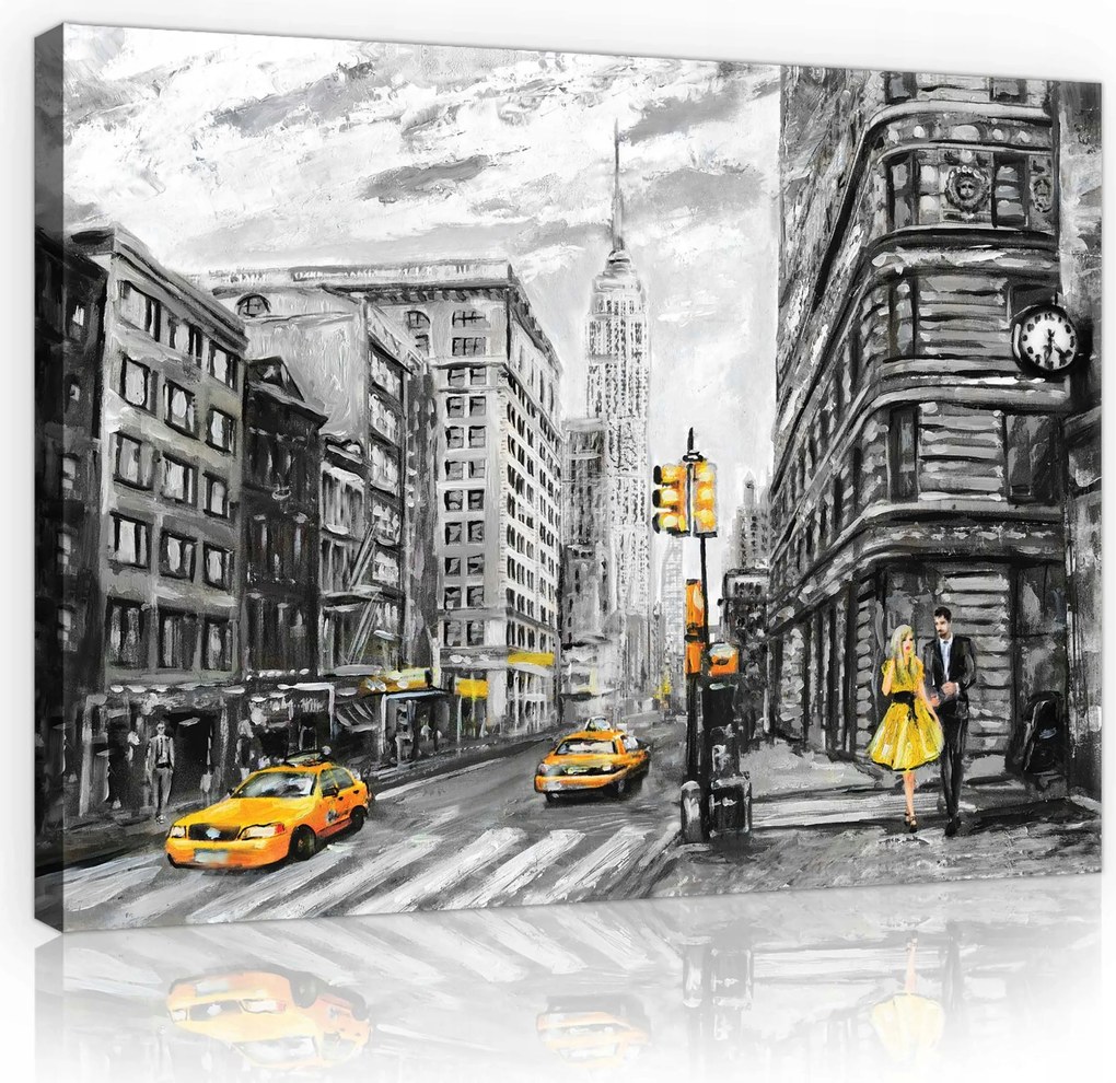 Obraz 100x70 New York žlutý taxík pár ulice město monochrom městský