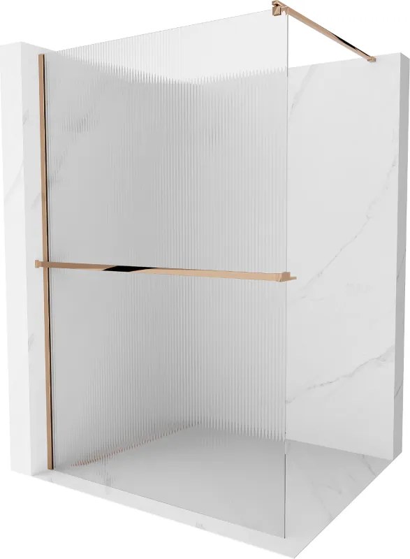 Mexen Kioto, sprchová zástěna s poličkou a ramínkem na ručníky 140 x 200 cm, 8mm sklo s žebrovým vzorem, růžové zlato profil, 800-140-121-60-09